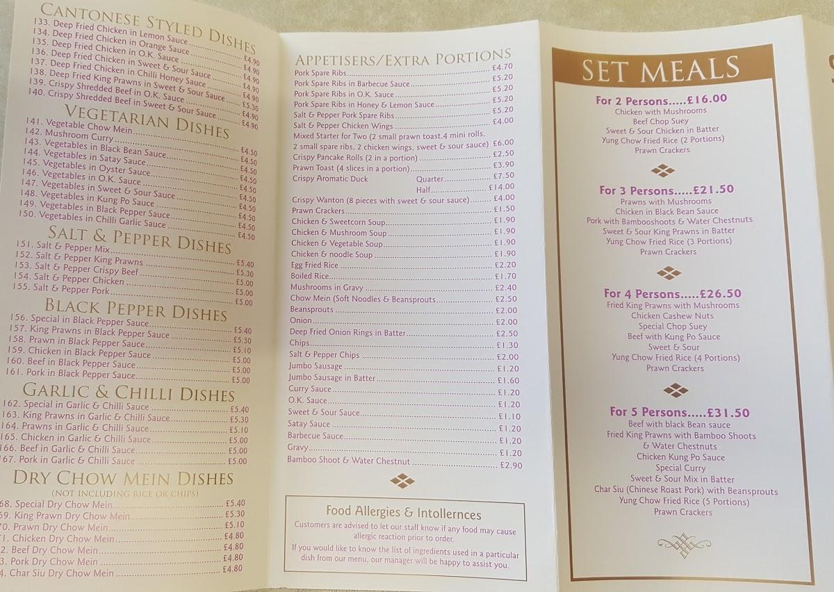 Menu at Shun Hing, Halifax