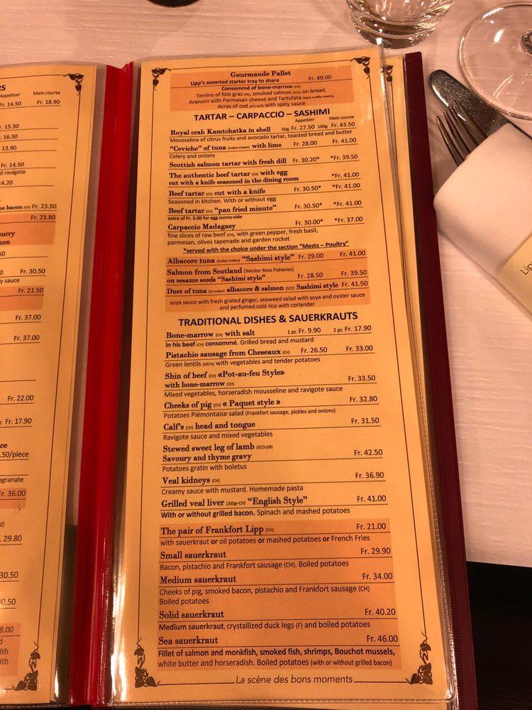 Menu at Brasserie Lipp, Geneva, Confédération Centre