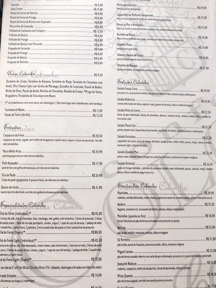 Menu at Confeitaria Colombo - Café do Forte, Rio de Janeiro, Posto 6 ...