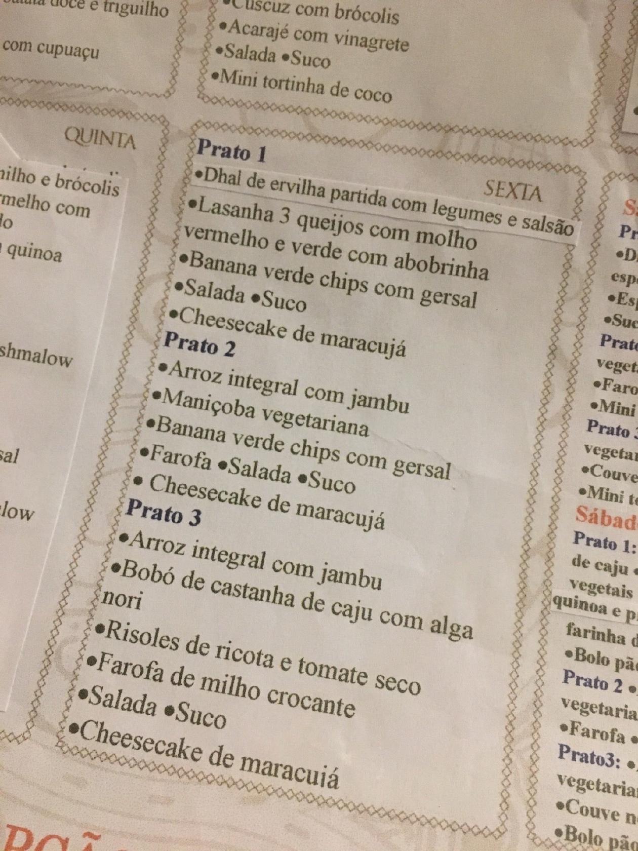 Menu at Govinda restaurant, Belém