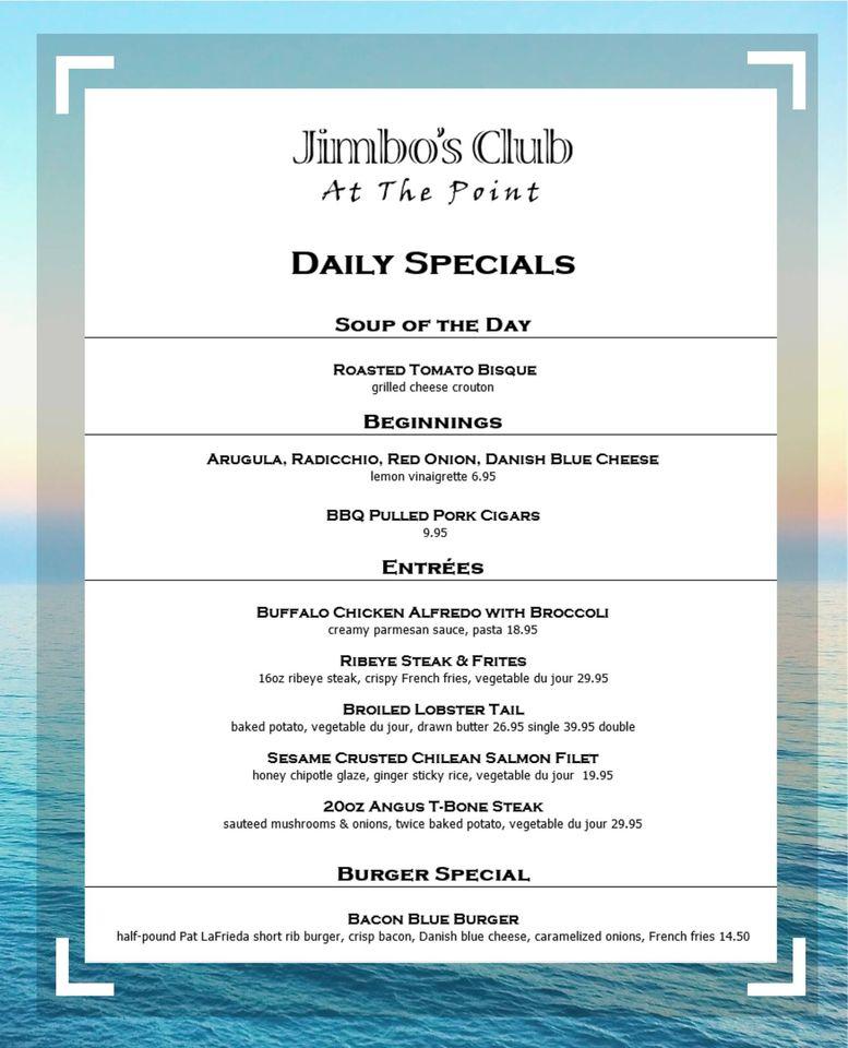 Menu at Jimbo's Club at the Point, Brant Lake