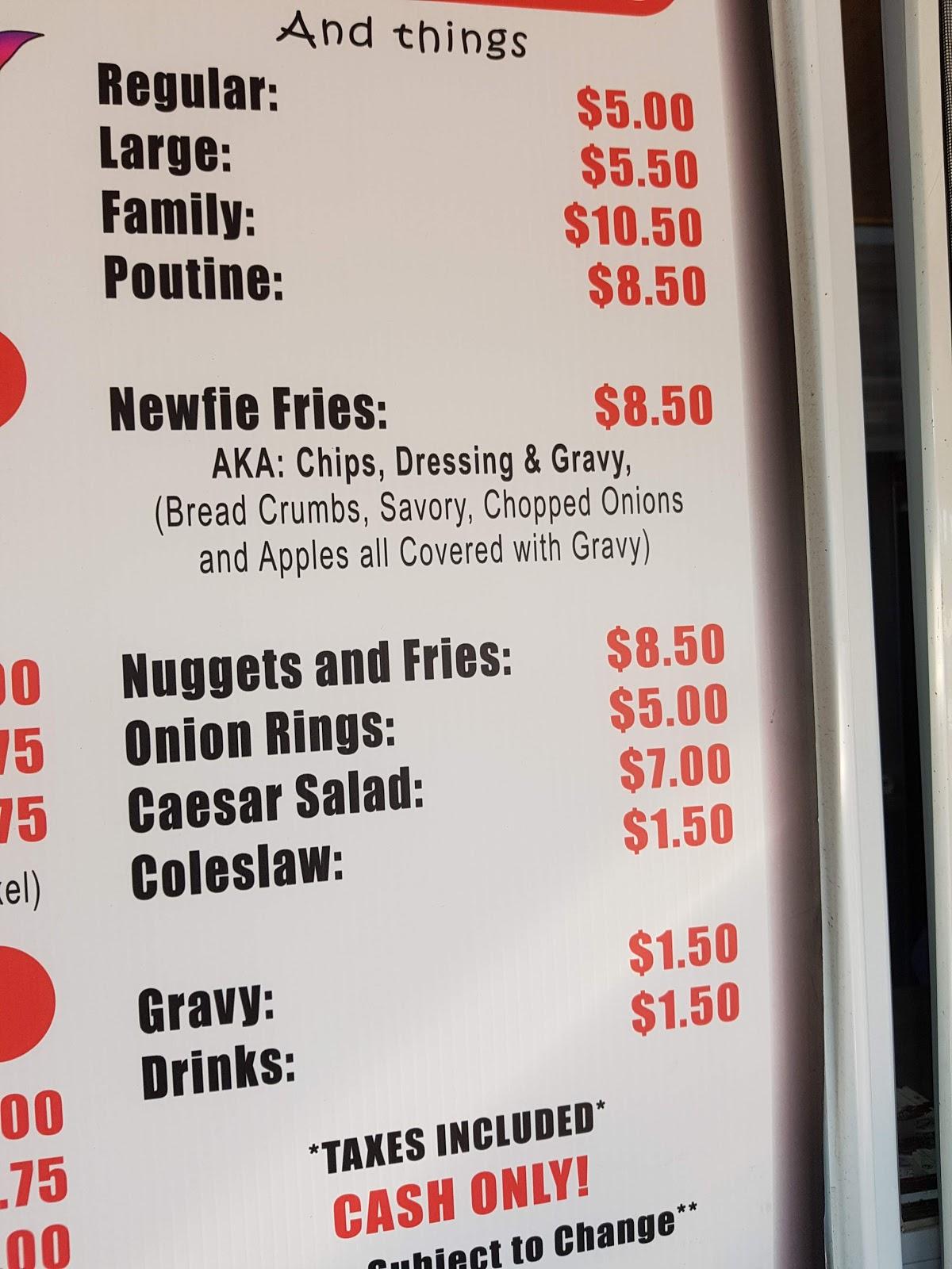 Menu at Perky's Fish & Fries restaurant, Canada