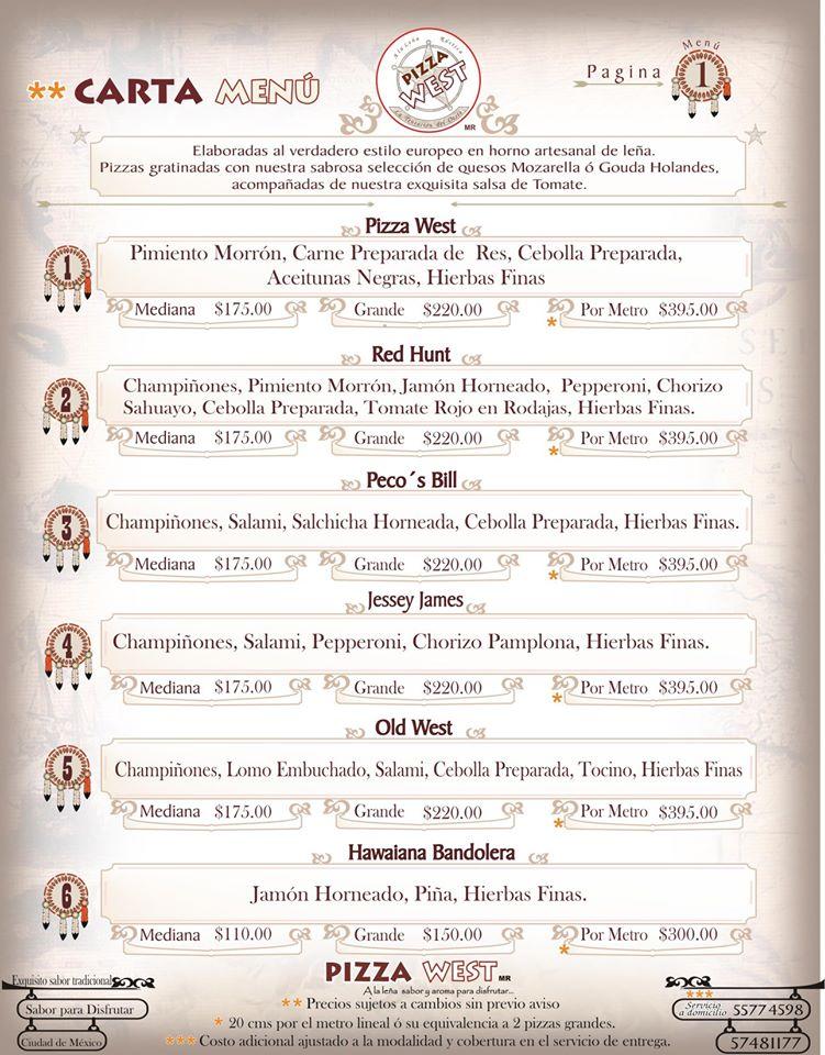 Menu at Pizza West pizzeria, Mexico City