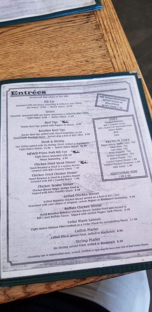 Menu at Bill's Steakhouse & Saloon South, Oklahoma City