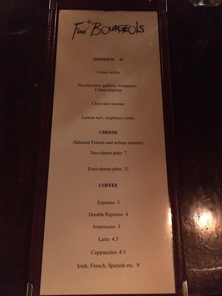 Menu at Les Faux Bourgeois cafe, Vancouver