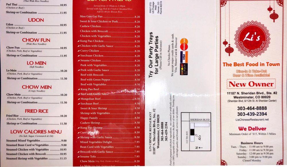Menu at Li's Chinese Restaurant, Westminster