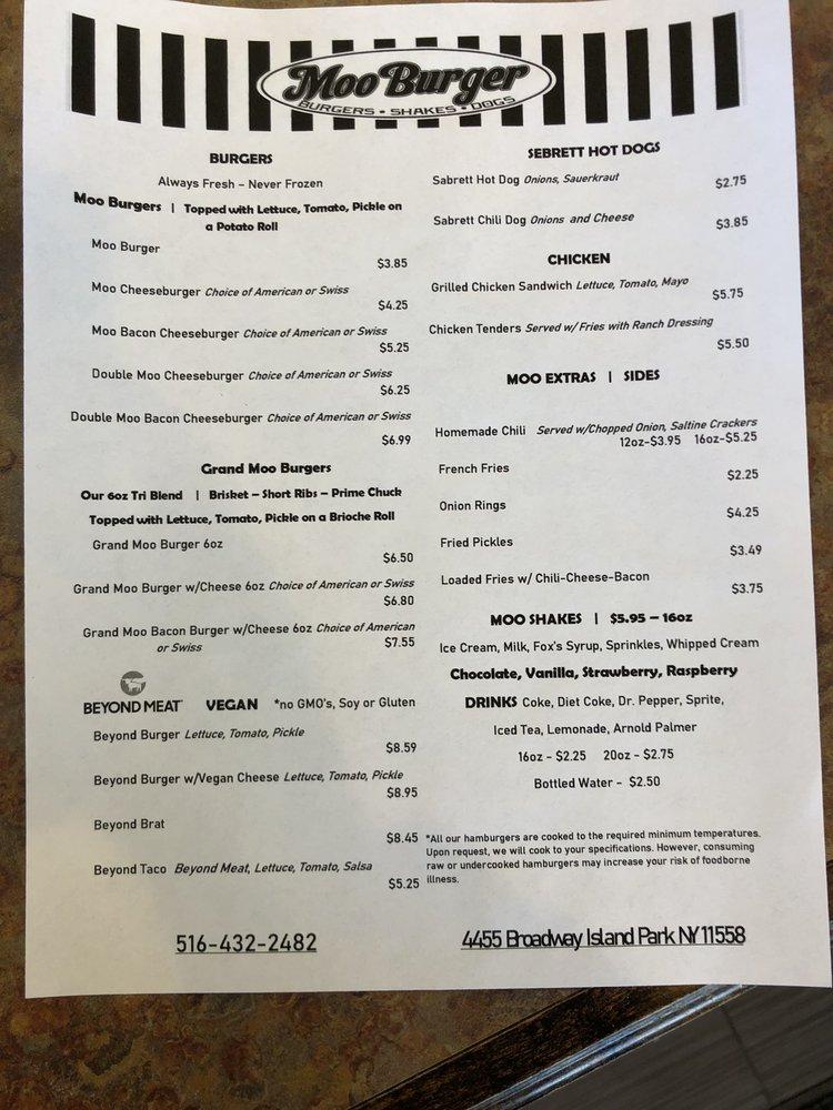 Menu at Moo Burger restaurant, Island Park