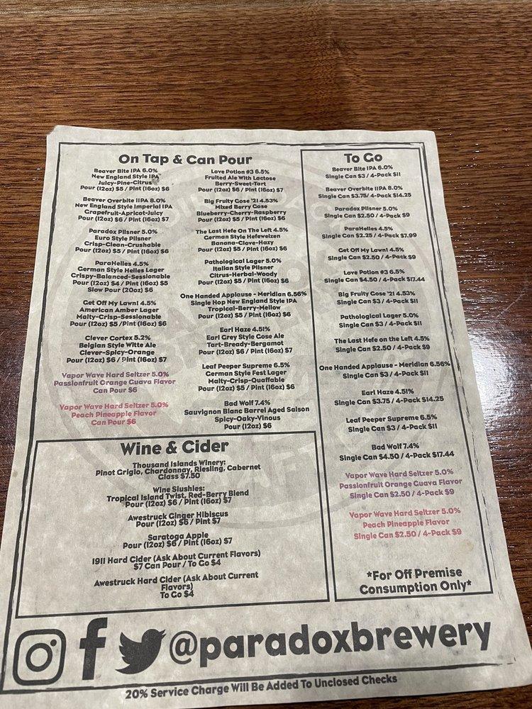 Menu at Paradox Brewery pizzeria, USA, US-9
