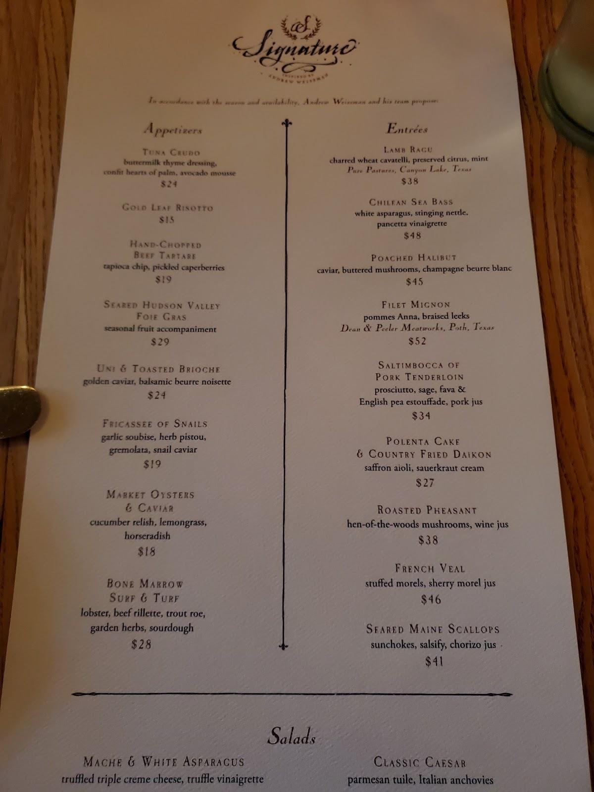Menu at Signature restaurant, San Antonio, La Cantera Pkwy