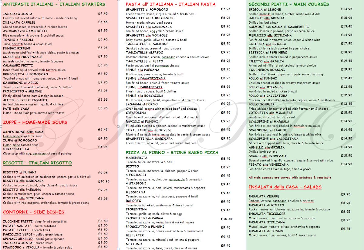 Menu at Giotto Italian Restaurant, London