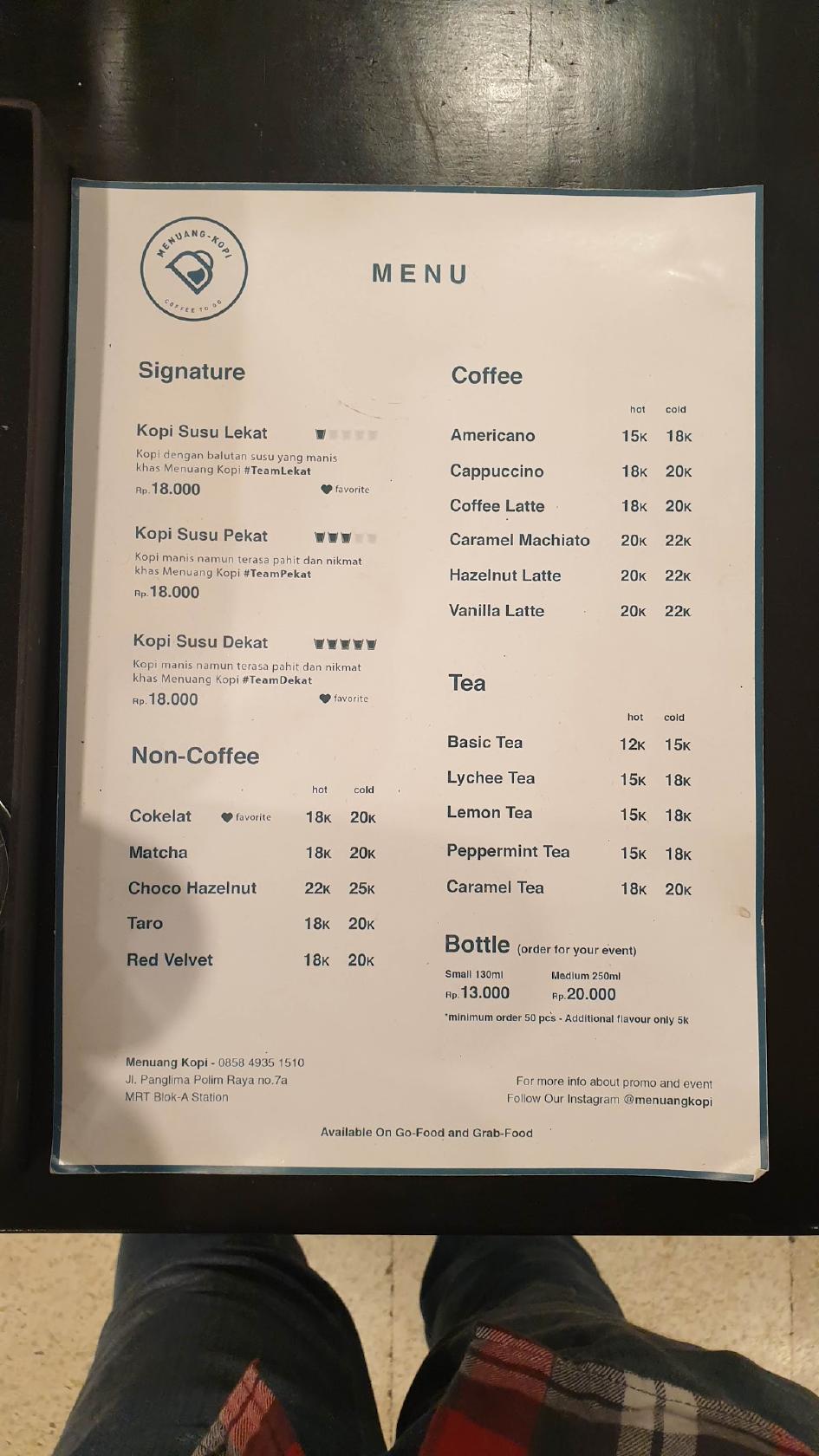 Menu at Menuang kopi, South Jakarta