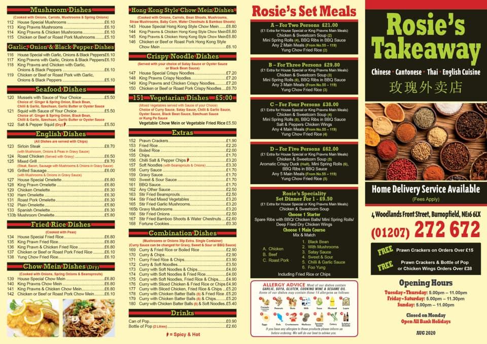 Menu at Rosie's Takeaway Burnopfield restaurant, Newcastle upon Tyne