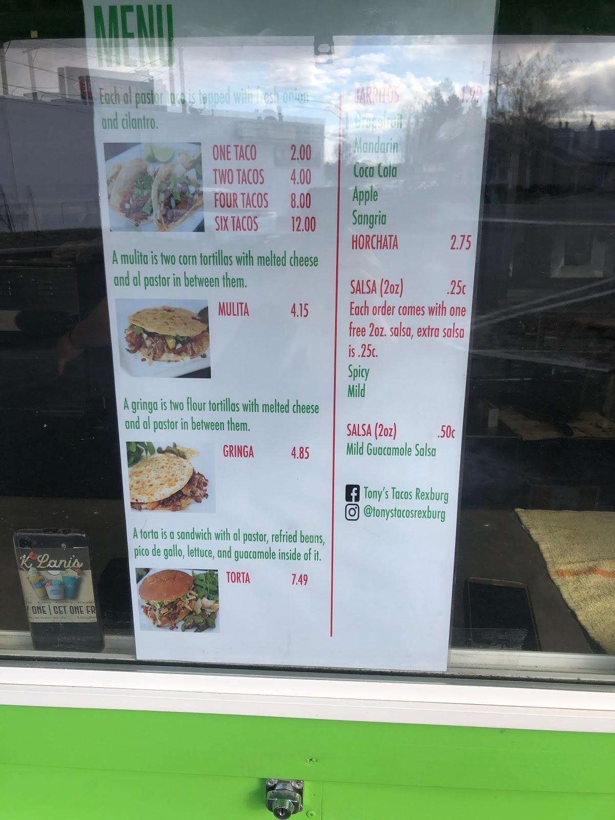 Menu at Tony's Tacos Al Pastor restaurant, Rexburg
