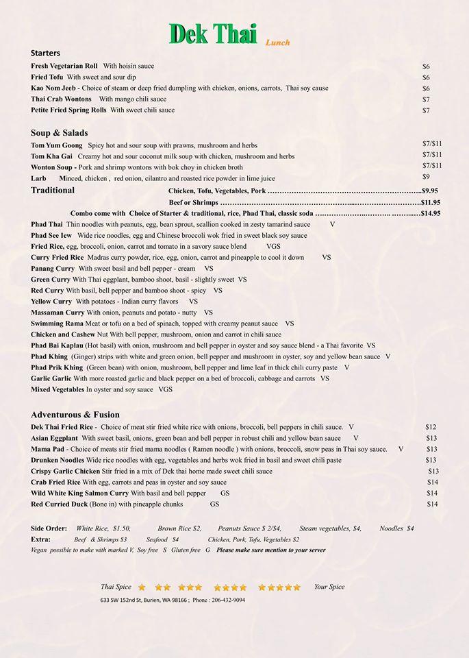 Menu at Dek Thai restaurant, Burien