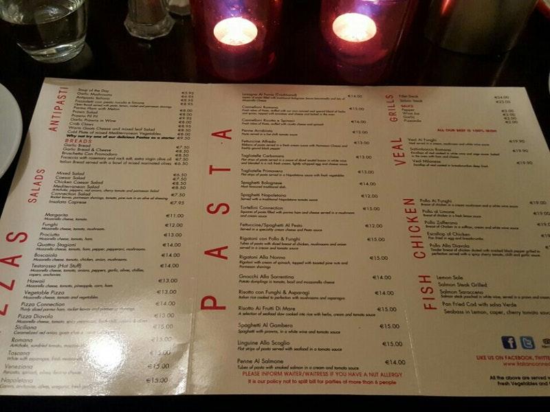 Menu at Italian Connection pizzeria, Kilkenny