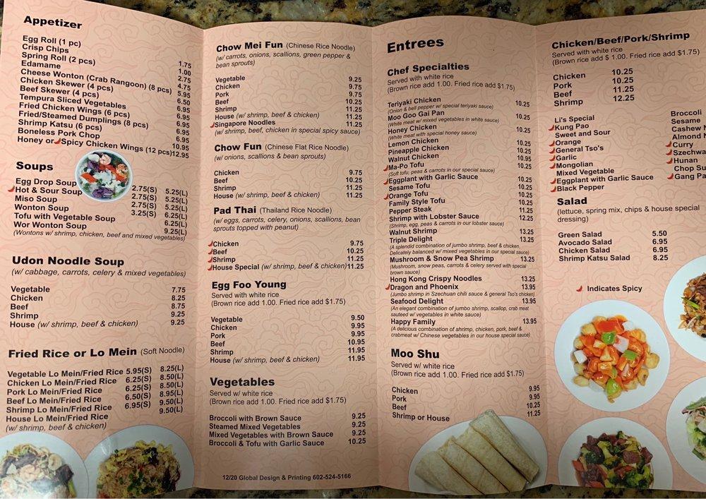 Menu at Li's Asian restaurant, Tempe