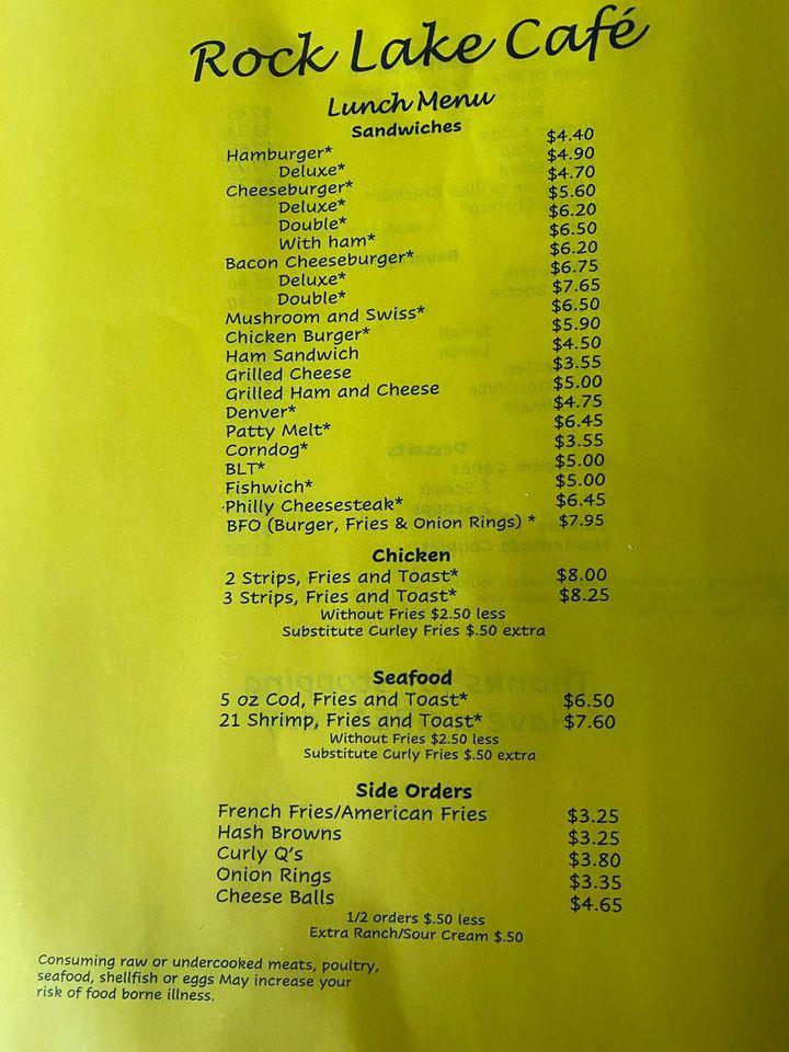 Carta de Rock Lake Cafe, Rocklake