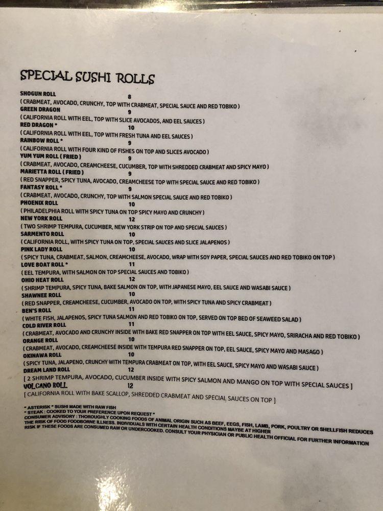 Menu at Shogun Sushi & Hibachi restaurant, Marietta