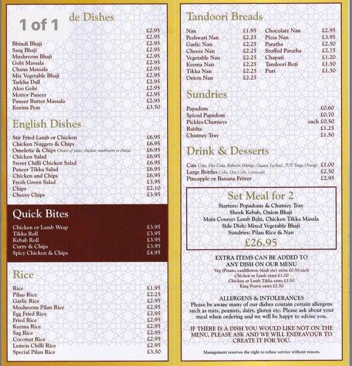 Menu at Taj Mahal restaurant, Kington