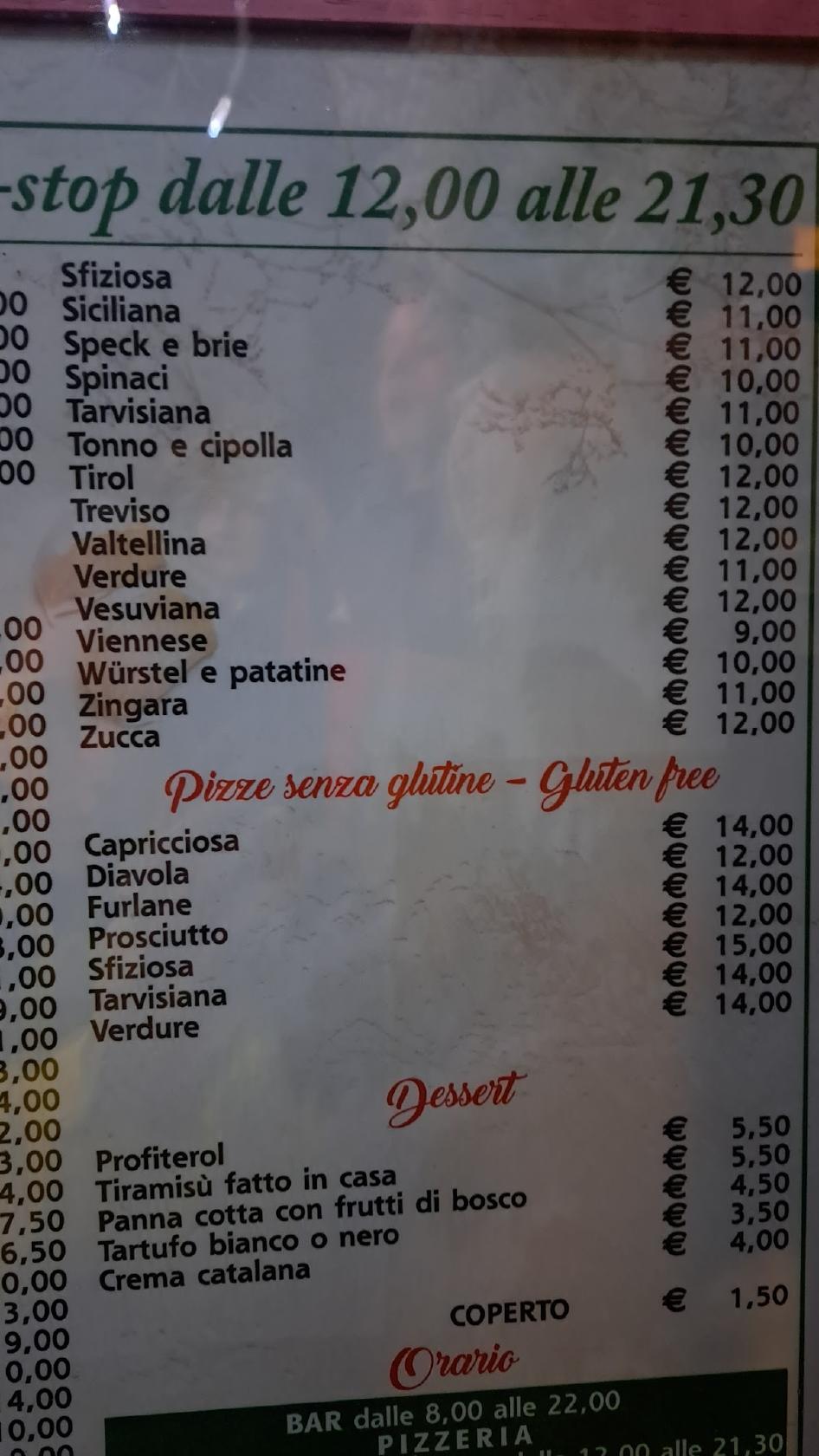 Menu da Alpino pizzeria, Tarvisio