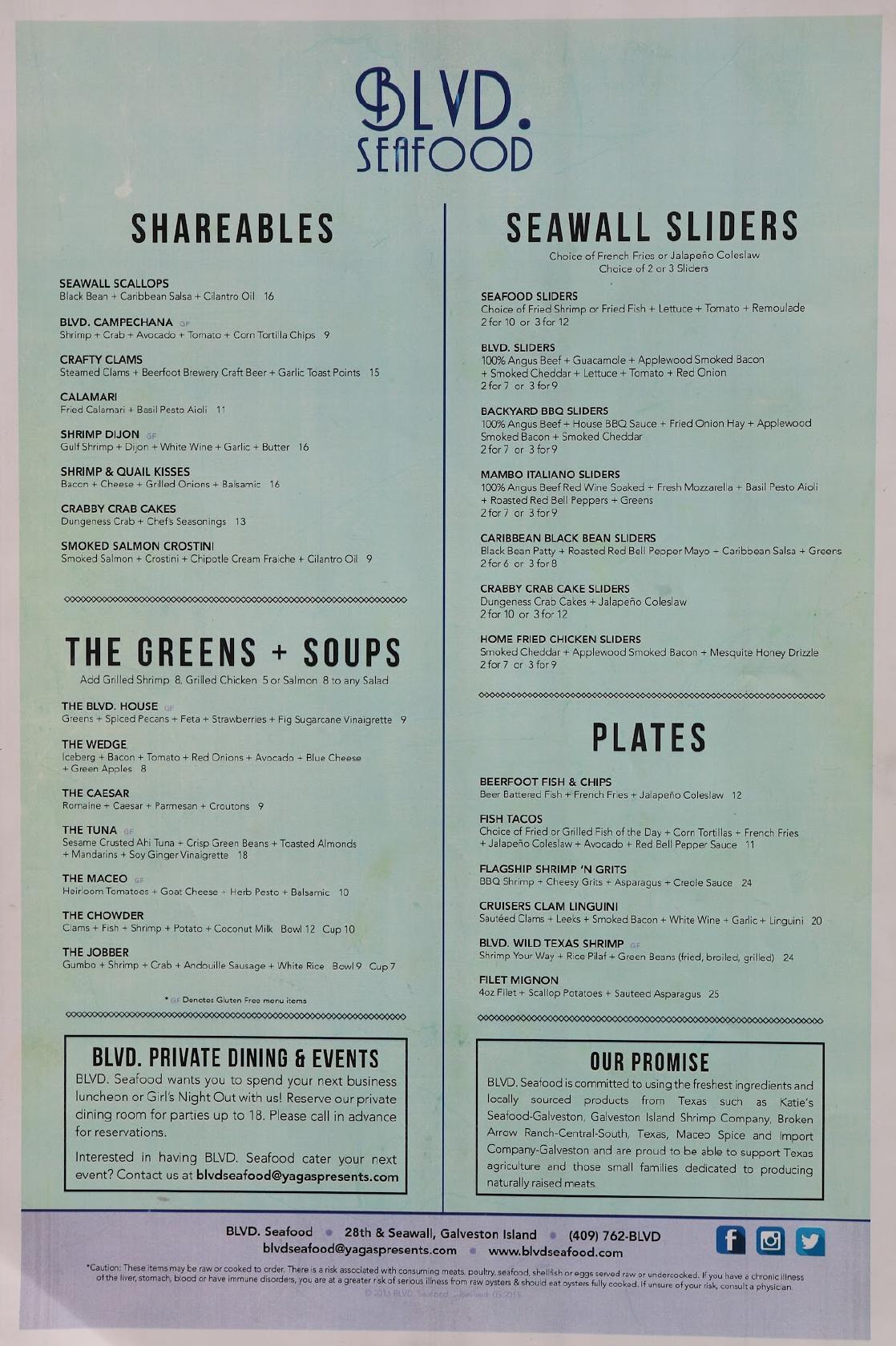 Menu at BLVD Seafood steakhouse, Galveston