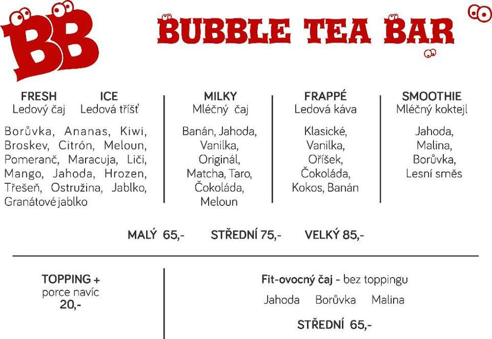 Menu at Bubble Tea Bar, Hradec Kralove