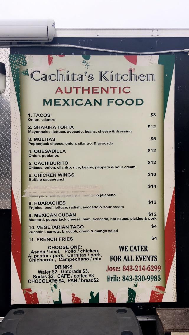 Menu at Cachita’s Kitchen restaurant, Mount Pleasant