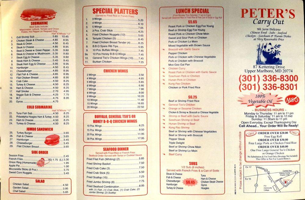 Menu at Peter's Carryout restaurant, Kettering