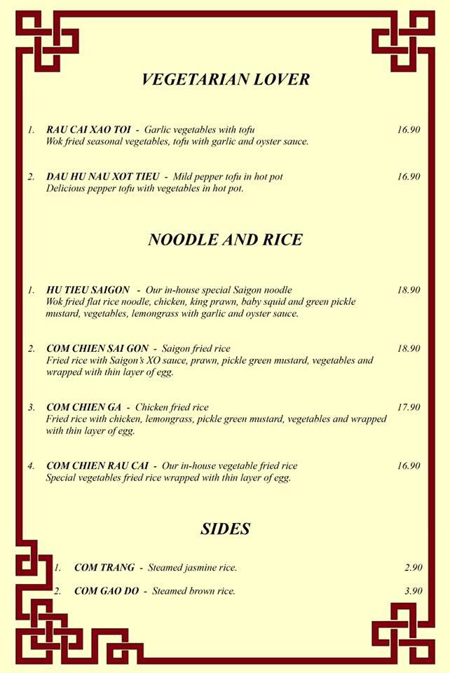 Menu at Saigon Silver Sands restaurant, Mandurah