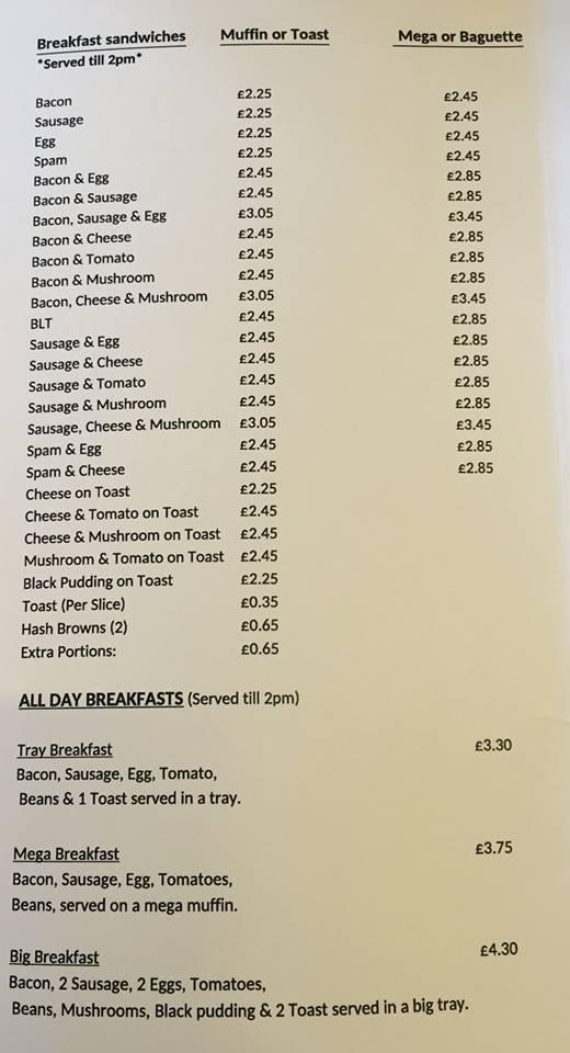 Menu at Suzannes fast food, Manchester
