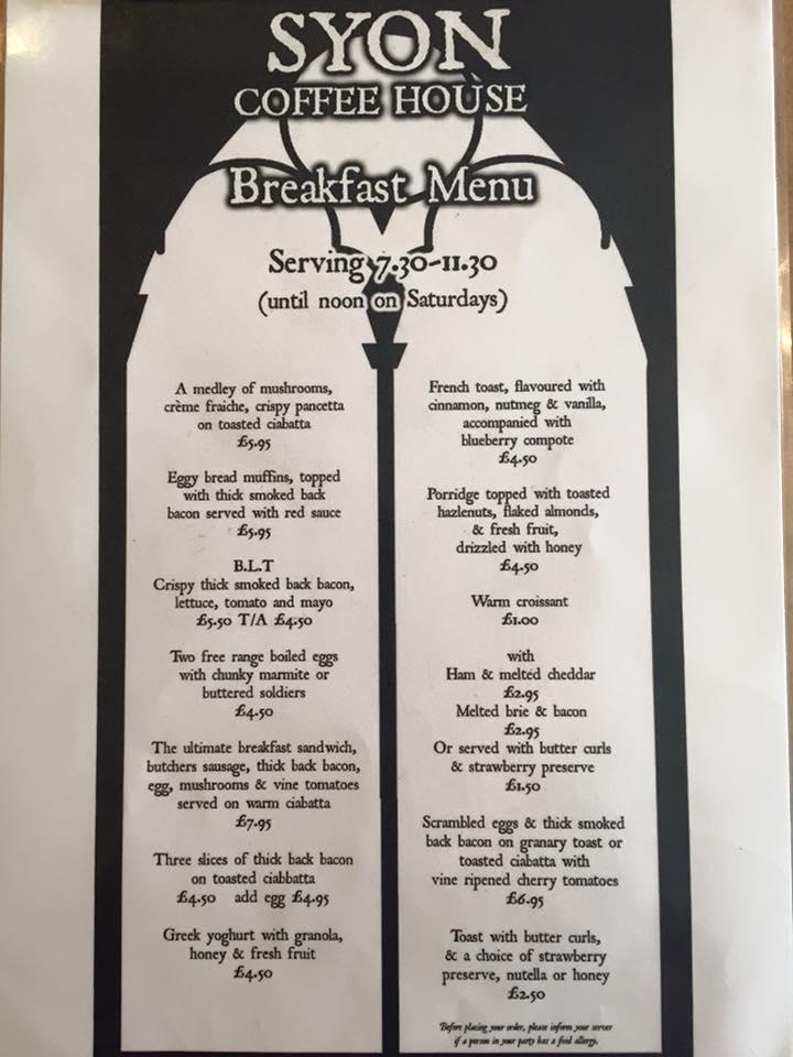 Menu at Syon Coffee House, Isleworth, 21 St John's Rd