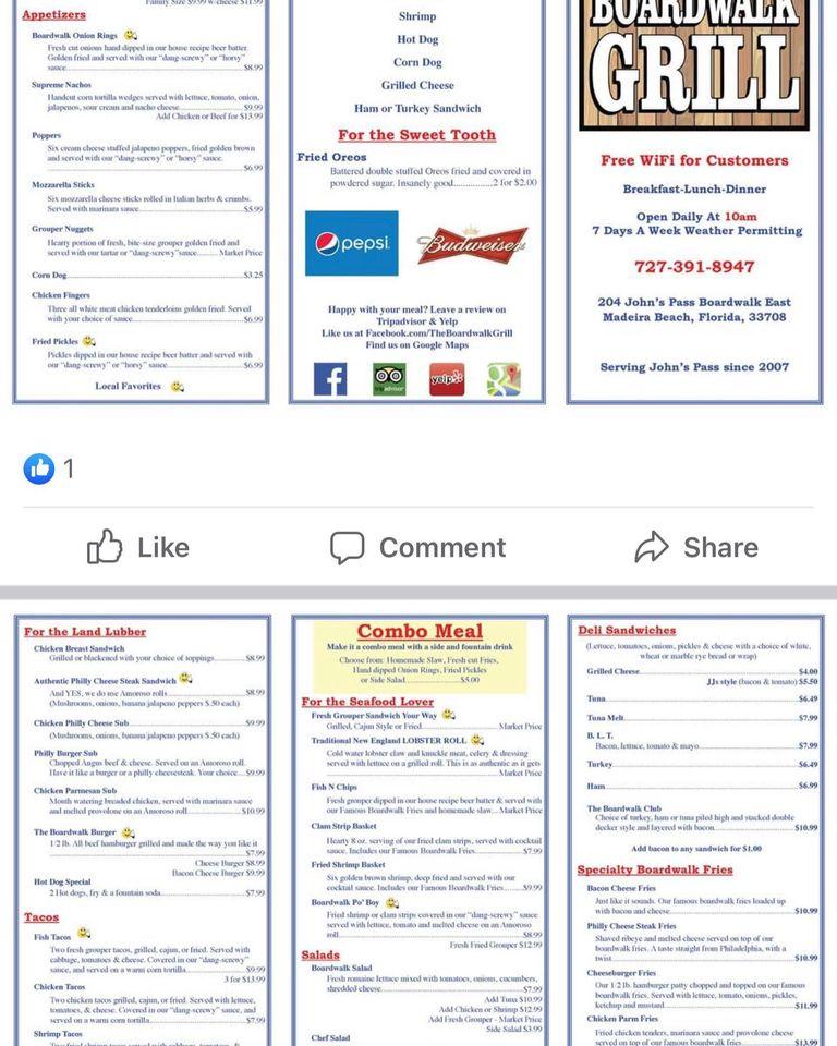 Menu at The Boardwalk Grill restaurant, Madeira Beach, 204 johns pass ...