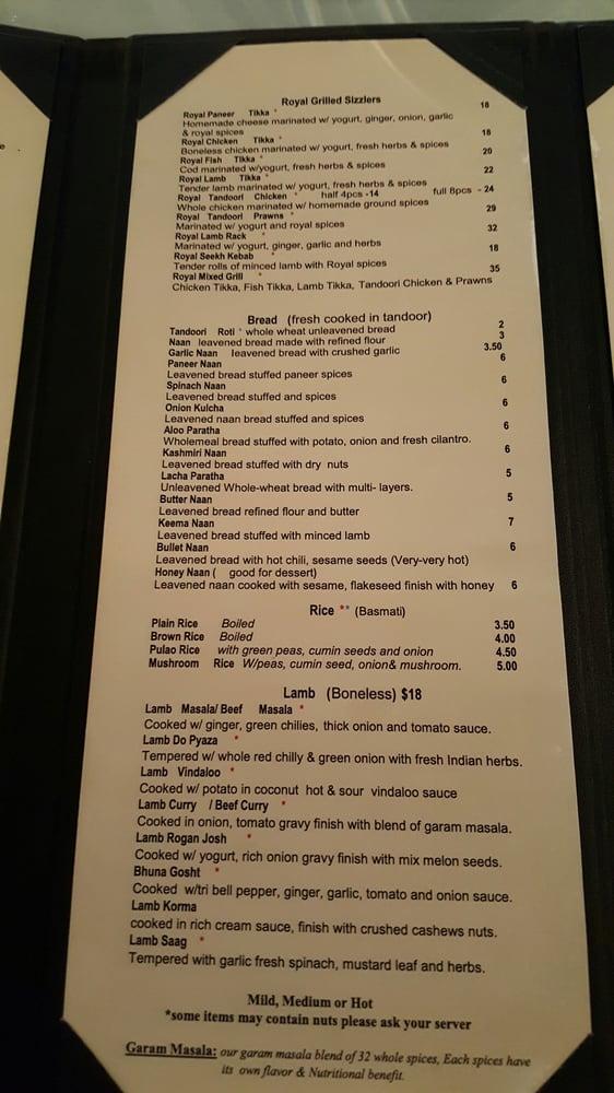 Menu at The Royal Taste of India restaurant, Whistler