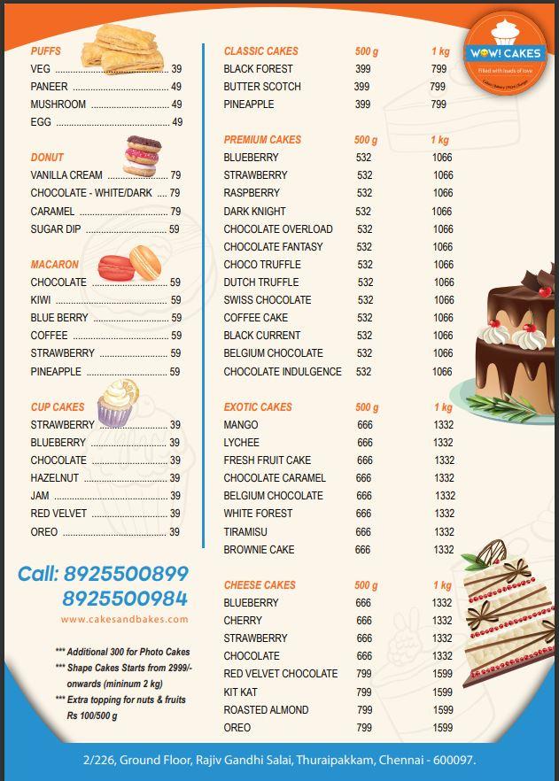 Menu at WOW Cakes, Chennai