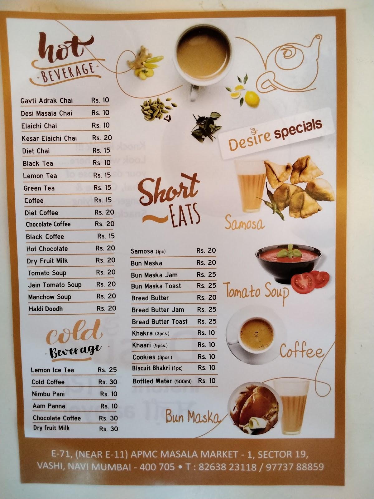 Menu at Desire Café - Instant Chai Maza Aajaye, Navi Mumbai