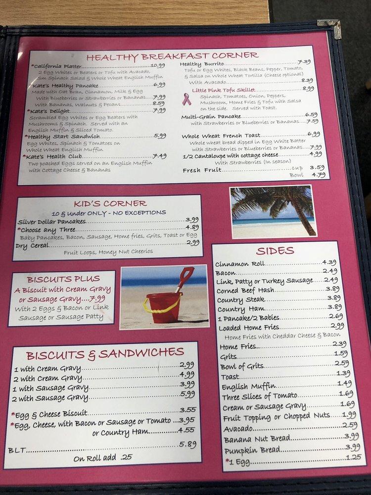 Menu at Kate's Pancake House restaurant, Carolina Beach