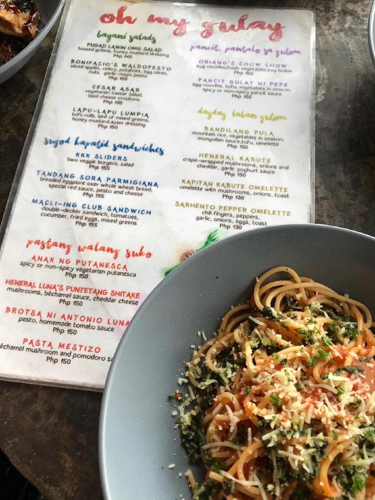 Menu at Oh My Gulay restaurant, Baguio
