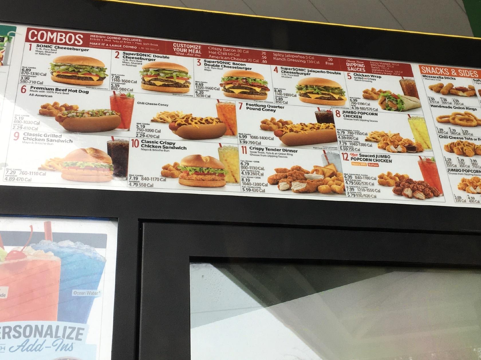 Menu at Sonic Drive-In restaurant, McKinney, S Custer Rd