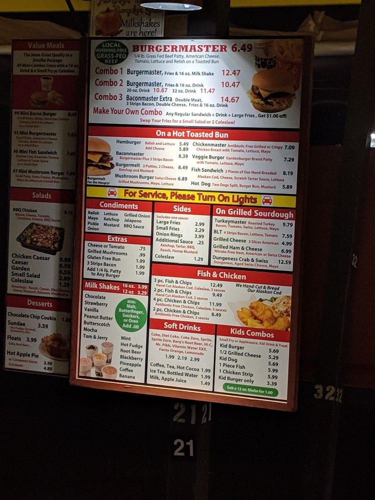 Menu at Burgermaster restaurant, Seattle, Aurora Ave N