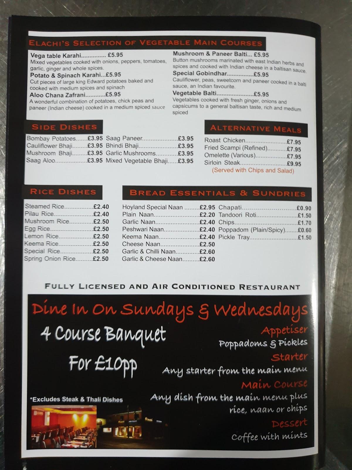 Menu at Elachi restaurant, Barnsley