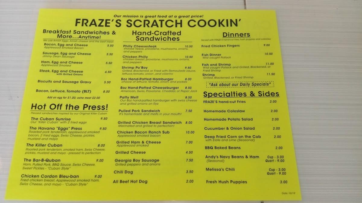 Menu at Fraze's Scratch Cookin' restaurant, Holly Hill, Ridgewood Ave