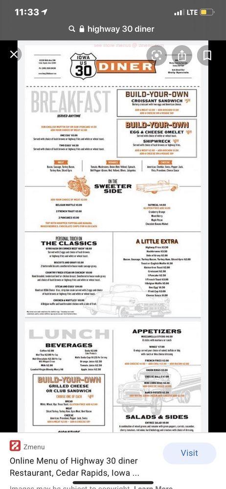 Carta del restaurante Highway 30 Diner, Cedar Rapids