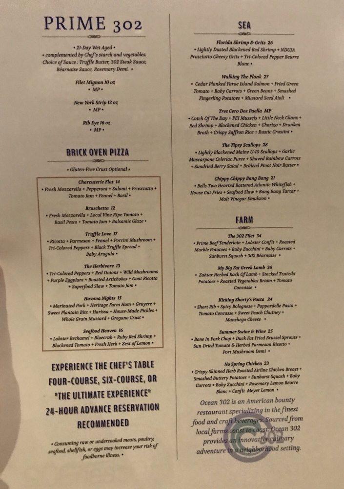 Menu at Ocean 302 steakhouse, Melbourne Beach