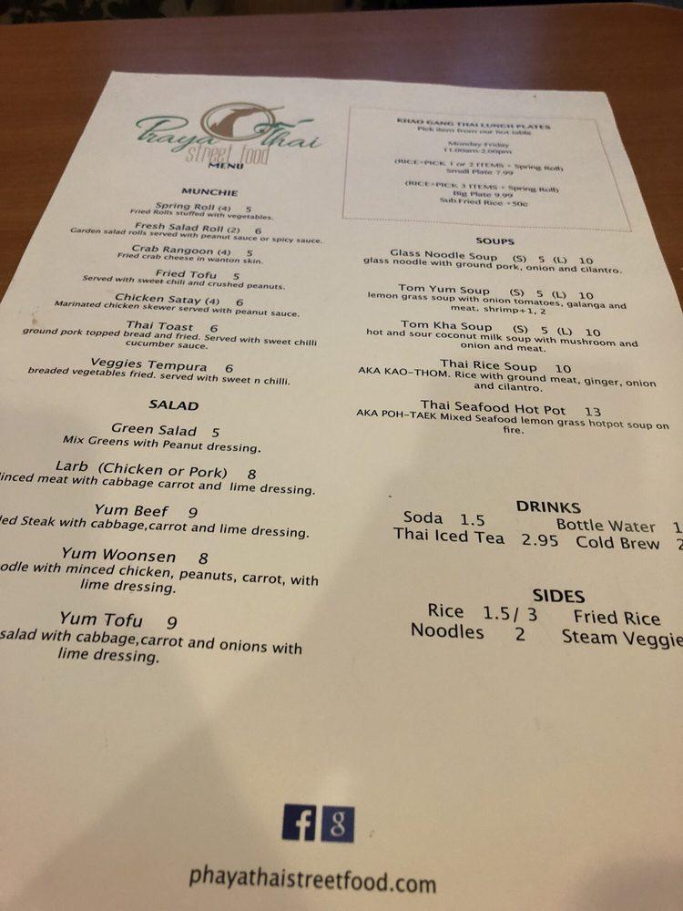Menu at Phaya Thai Street Food restaurant, Indianapolis