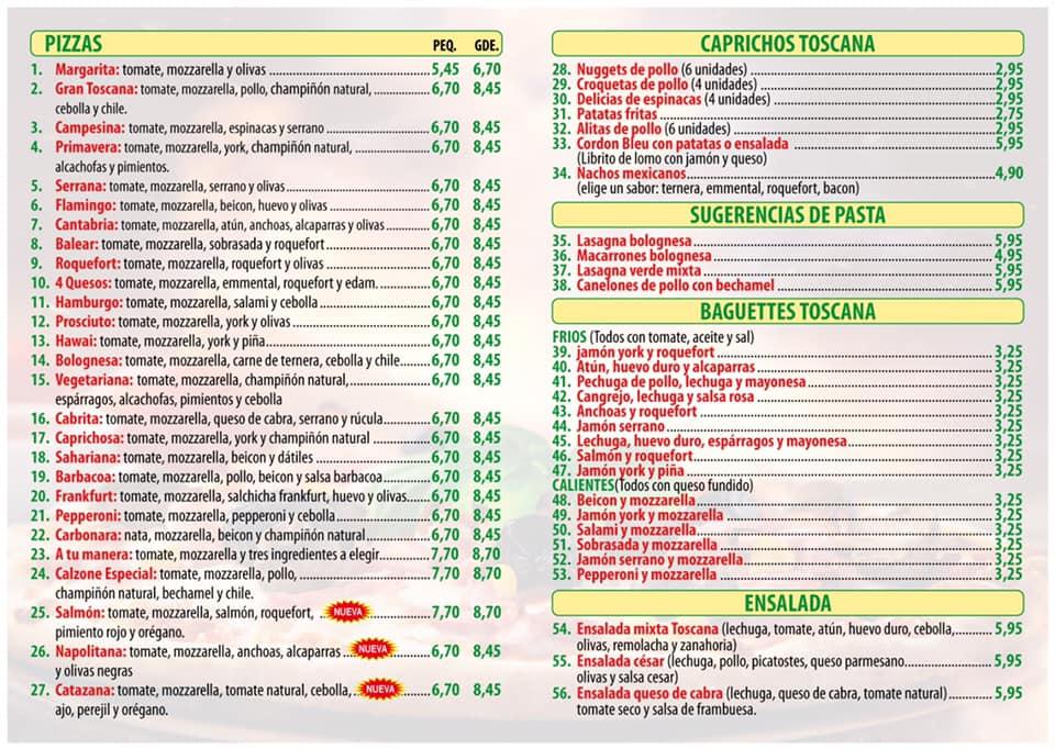 Menu at Pizzeria Toscana, Es Secar de la Real