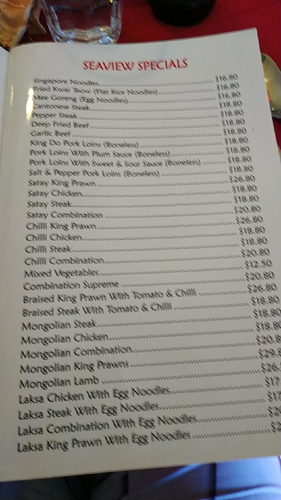 Menu at Seaview Malaysian restaurant, Redhead