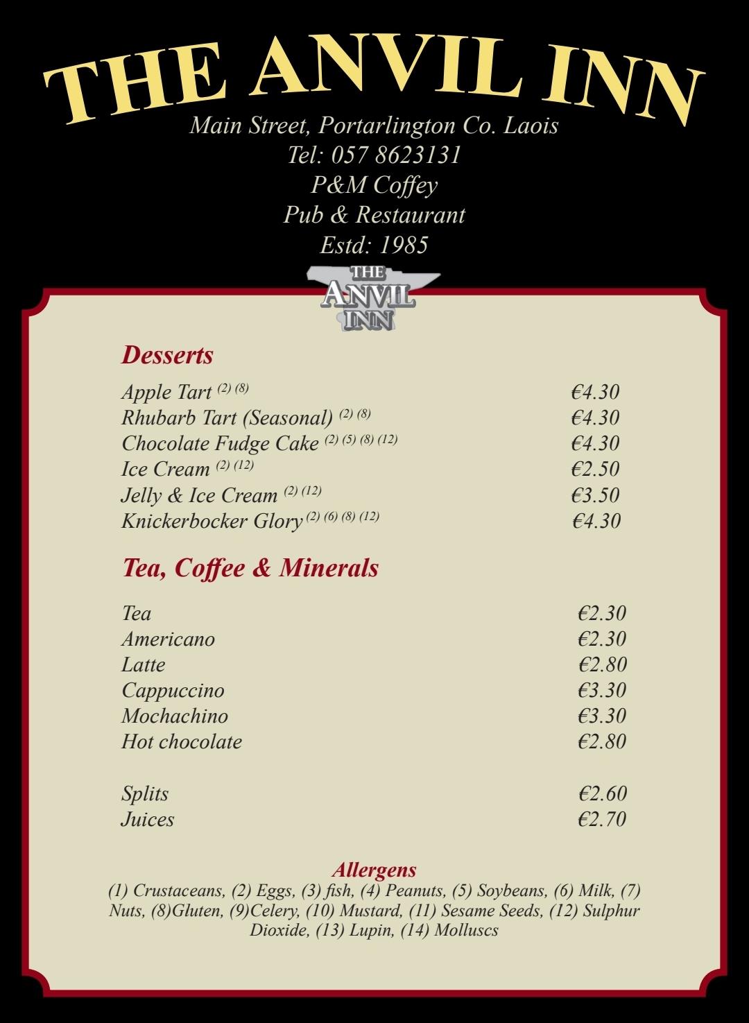 Menu at The Anvil Inn Portarlington pub & bar, Portarlington