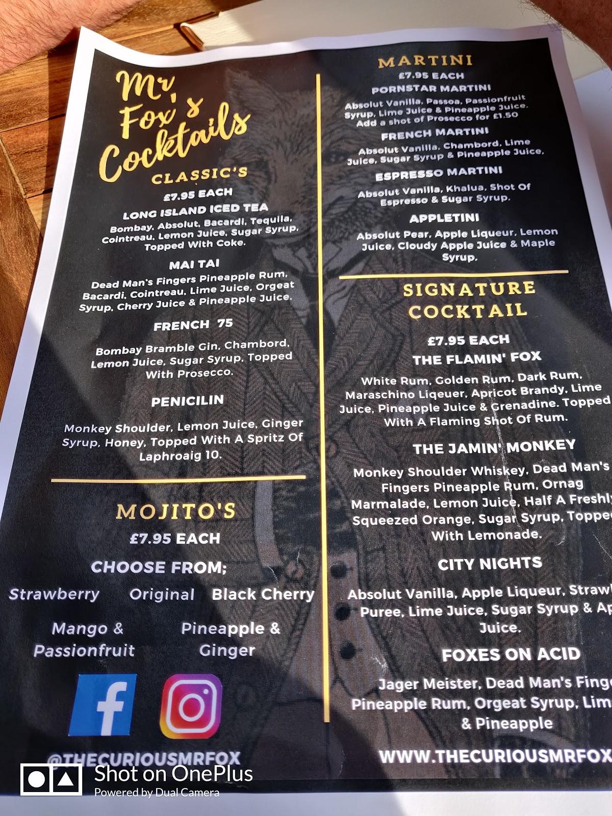 Menu at The Curious Mr Fox restaurant, Durham