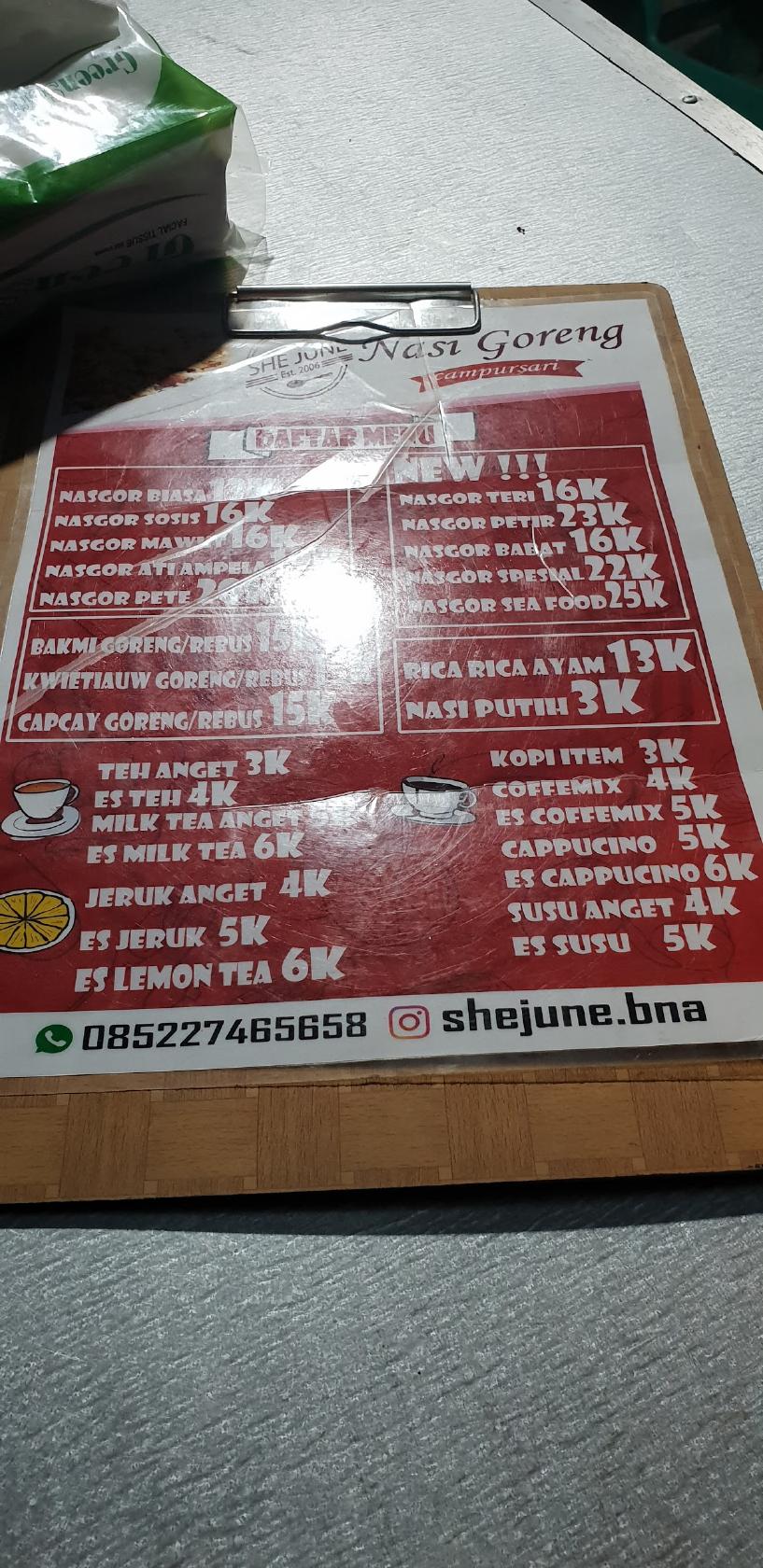 Menu at Warung Nasi Goreng She June restaurant, Banjarnegara