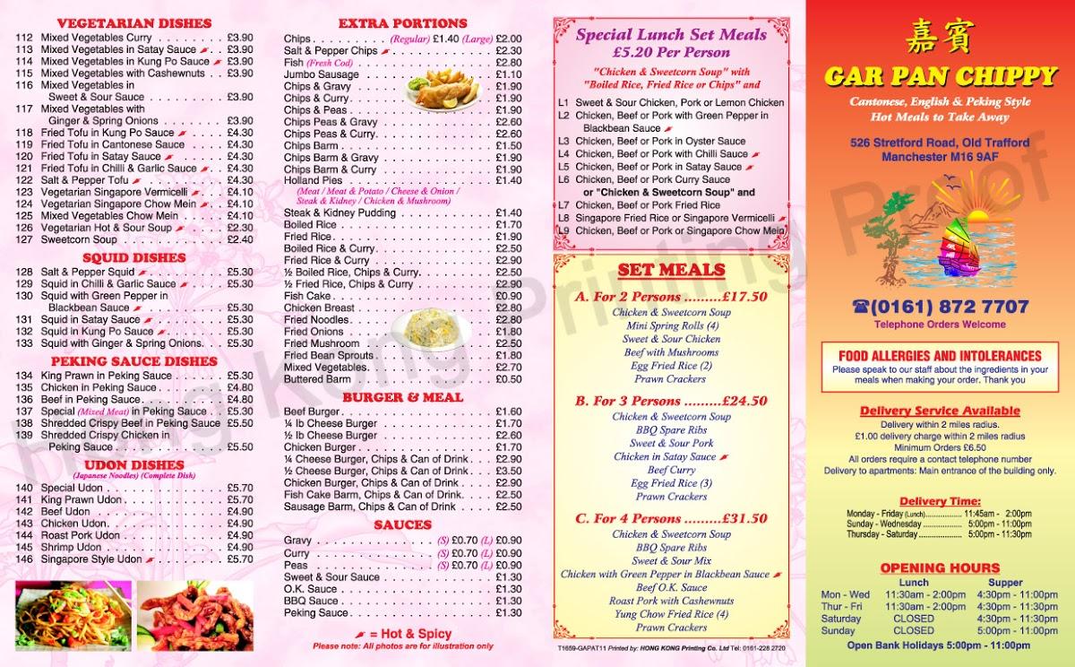 Menu at Gar Pan restaurant, Manchester, 526 Stretford Rd